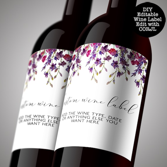 Purple Floral Wine Labels, Printable Wine Label, Custom Wine Labels ...