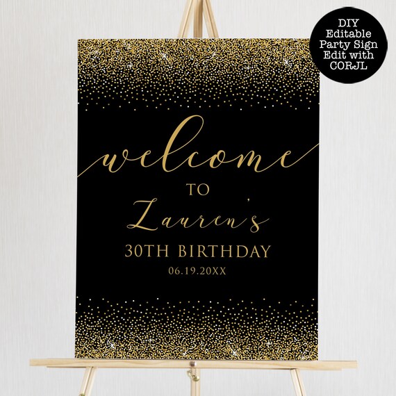 Gold Glitter and Black Party Sign, Printable Welcome Sign, Editable ...