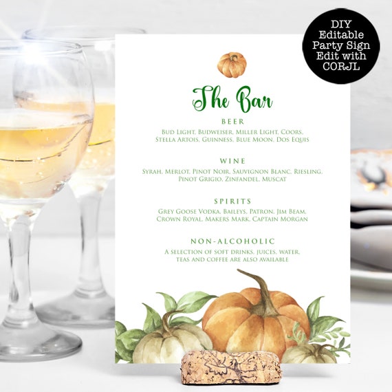 Editable Menu Sign, Pumpkin Bar Menu, Printable Cocktail Sign, Drink ...