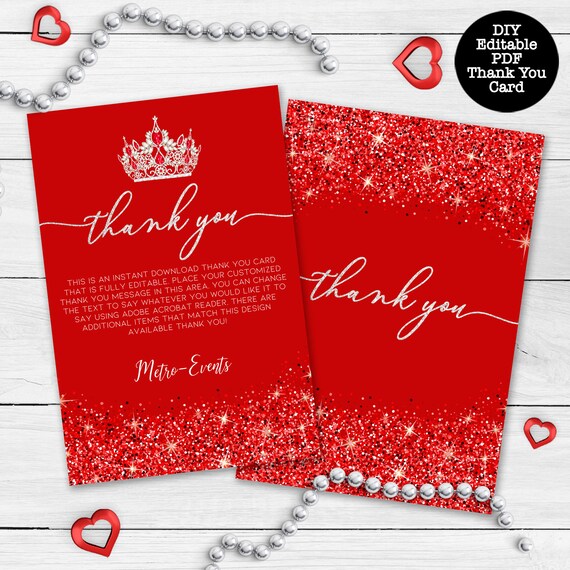 Red Glitter Thank You Cards, Glitter Thank You Notes, Printable Thank ...
