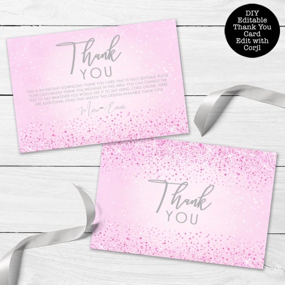 Pretty Pink Glitter Thank You Cards, Pink Thank You Cards, Custom Thank ...