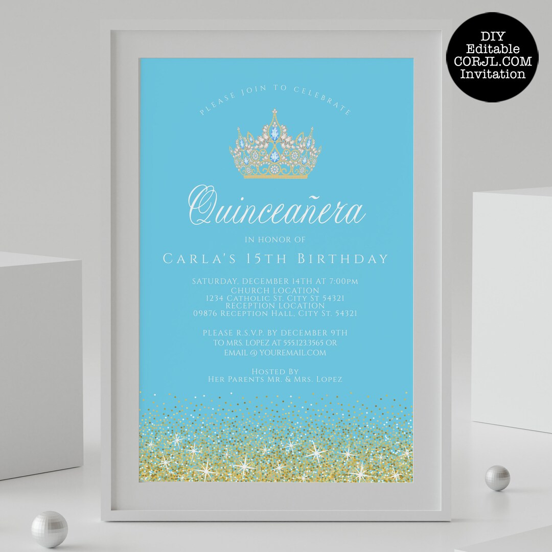 Light Blue Quinceañera Invitation, Gold Glitter Crown (digital Download ...