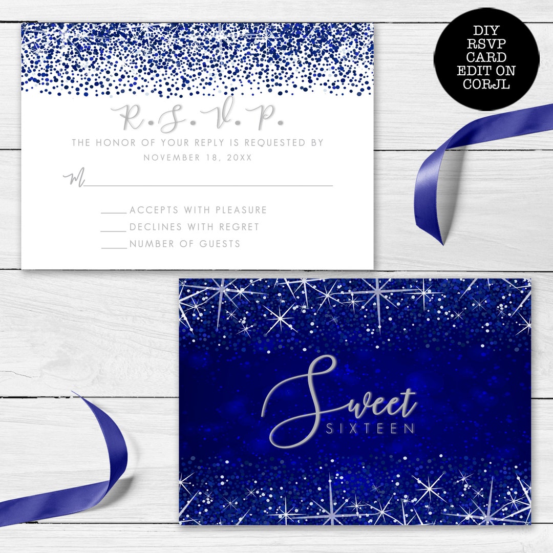 Royal Blue RSVP Card, Glitter Rsvp Card, Rsvp Card Template, Instant ...