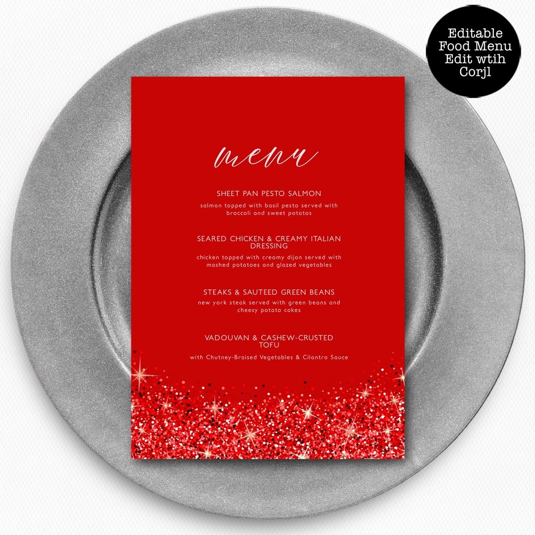 Red Glitter Food Menu, Dinner Party Menu, Food Menu, Dinner Menu ...