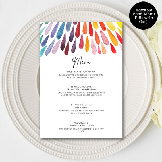 Rainbow Food Menu Rainbow Menu Custom Dinner Menu Editable - Etsy