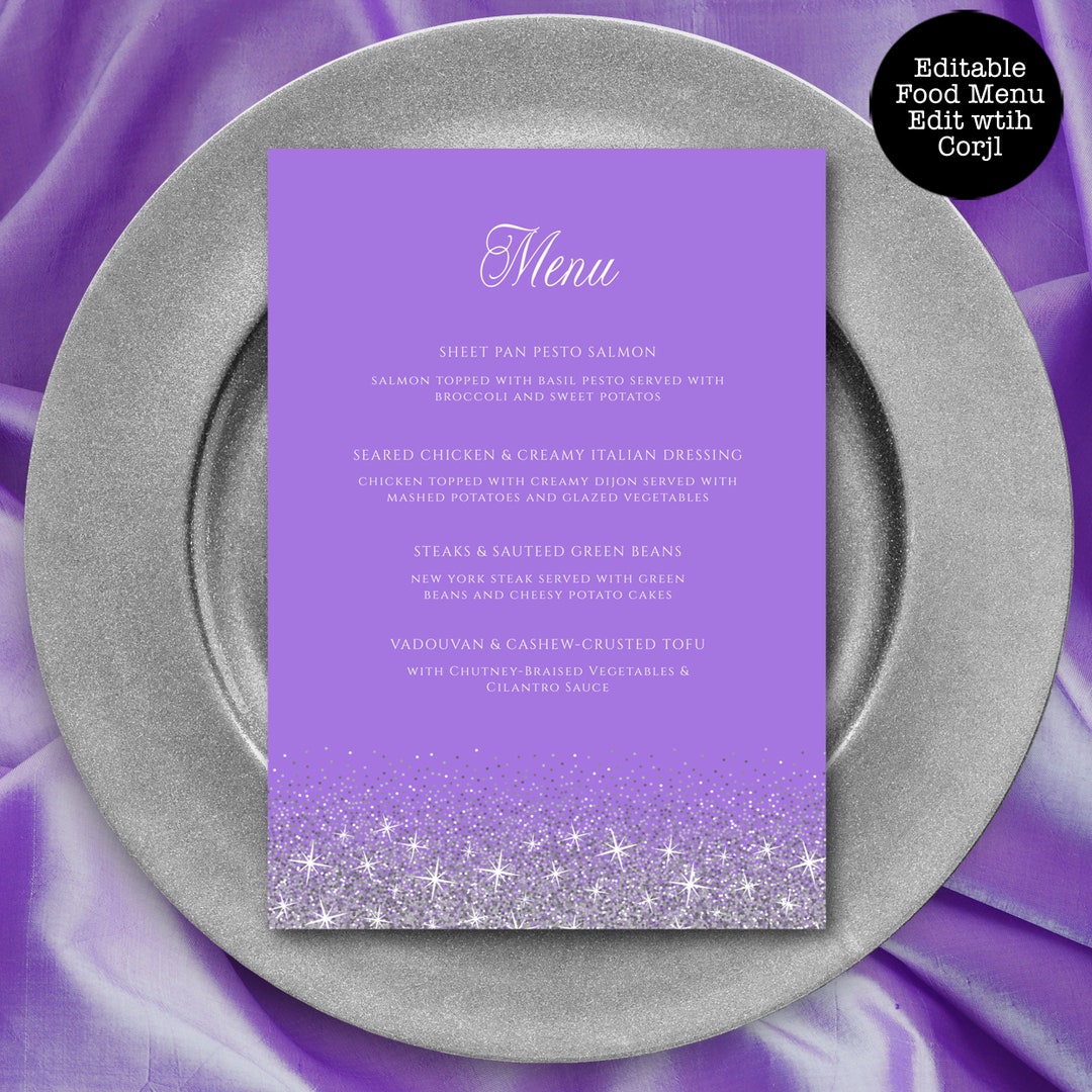 Lavender and Silver Glitter Food Menu, Custom Menu, Menu, Dinner Menu ...