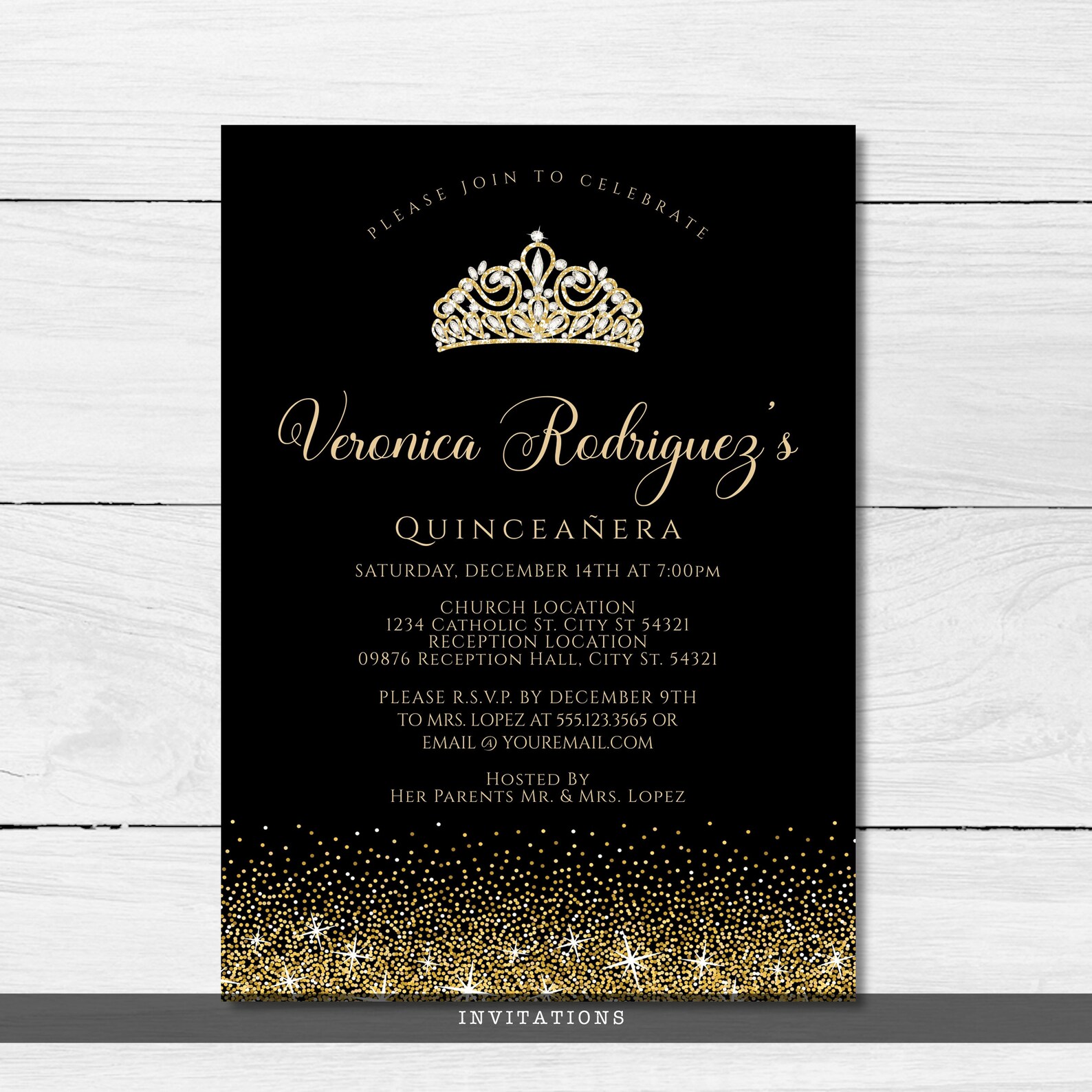 Gold Glitter Quinceañera Invitations: Black & Gold Crown (digital ...
