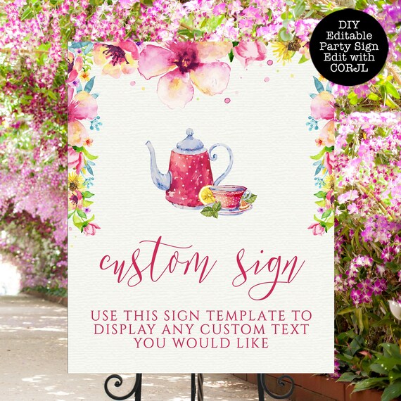 Hot Pink Tea Party Custom Sign, Printable Sign, Tea Party Sign, Custom ...