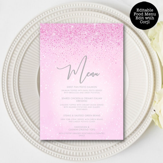 Pink Glitter Food Menu, Custom Menu, Pink Food Menu, Dinner Menu ...