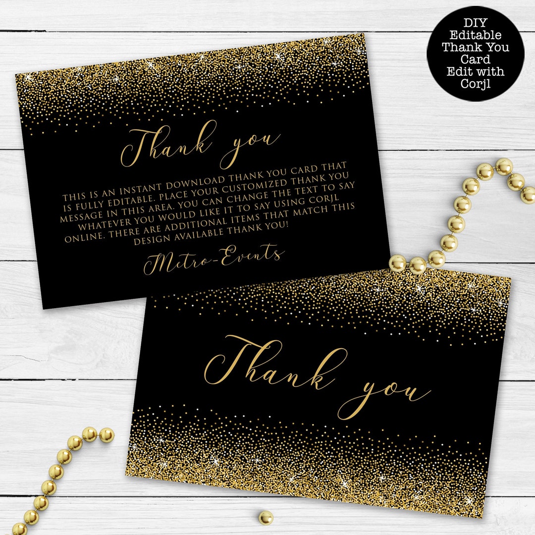 Black and Gold Thank You Card, Gold Glitter Thank You Card, Printable ...