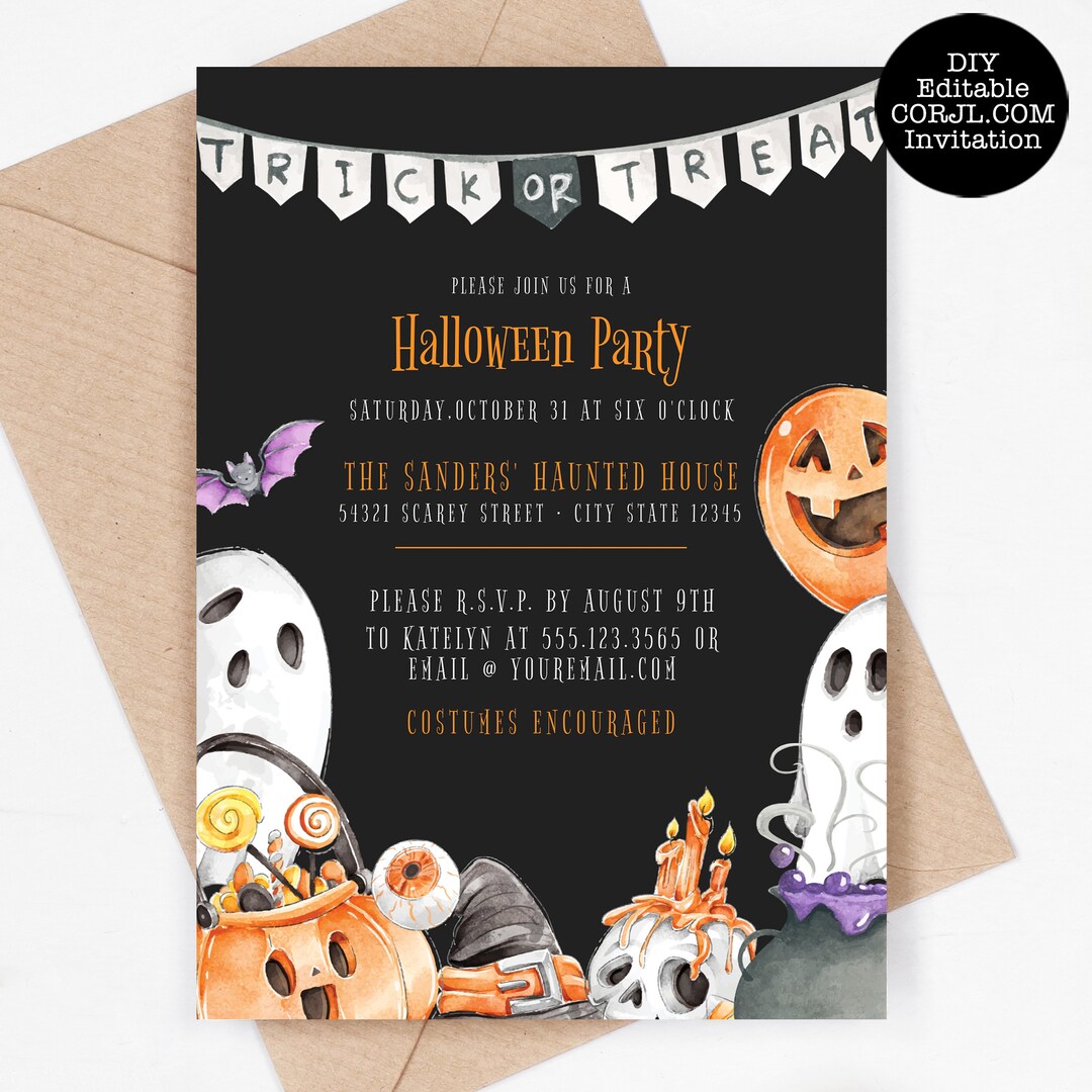 Editable Trick or Treat Halloween Party Invitation, Corjl Template - Etsy
