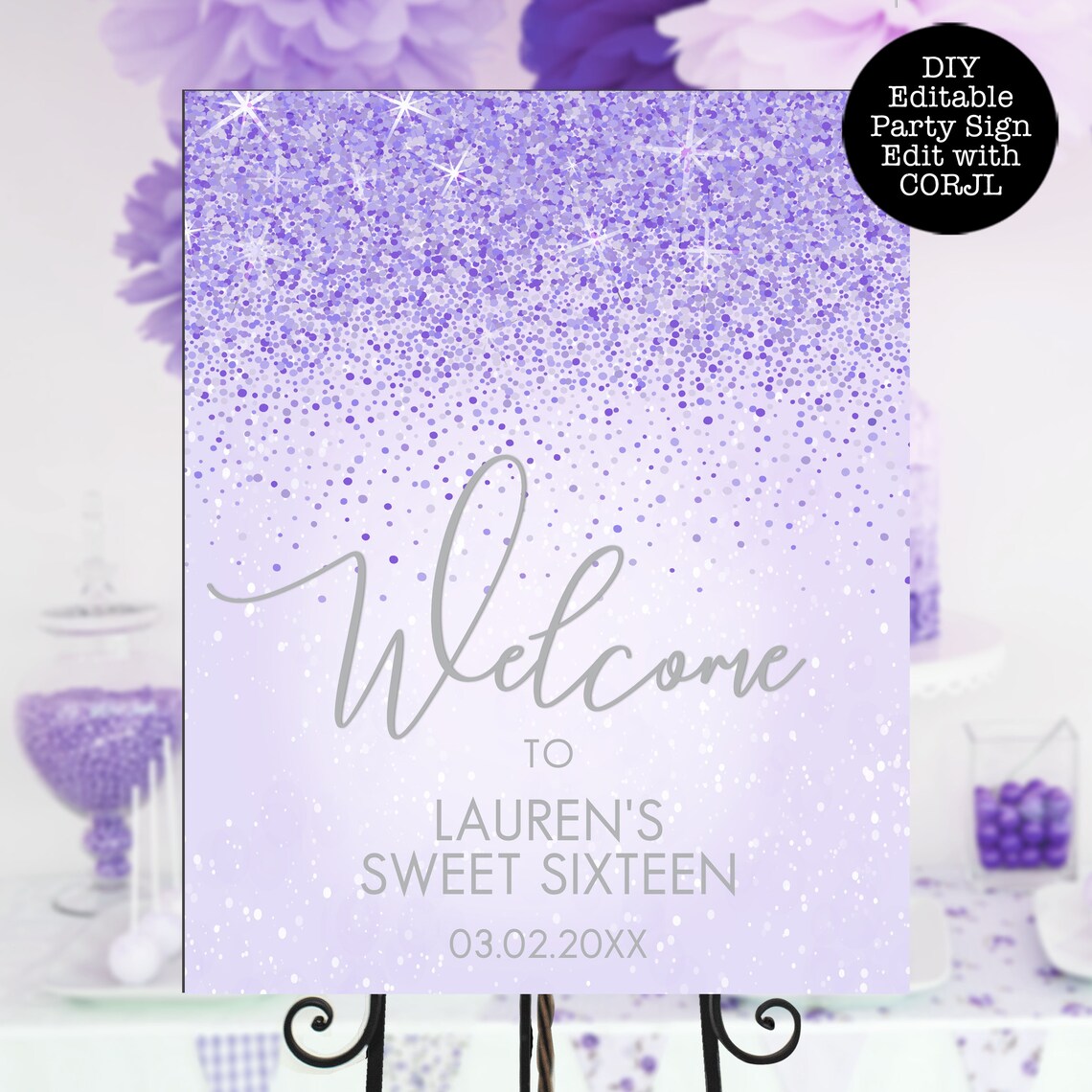 Purple Glitter Sweet Sixteen Welcome Sign: Corjl Template (instant ...