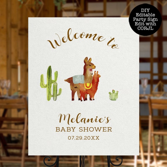 Llama Baby Shower Welcome Sign, Alpaca Printable Sign, Custom Welcome ...