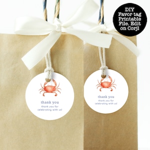 Crab Round Favor Tags, Beach Gift Tag, Orange Crab Favor Tag, Printable ...