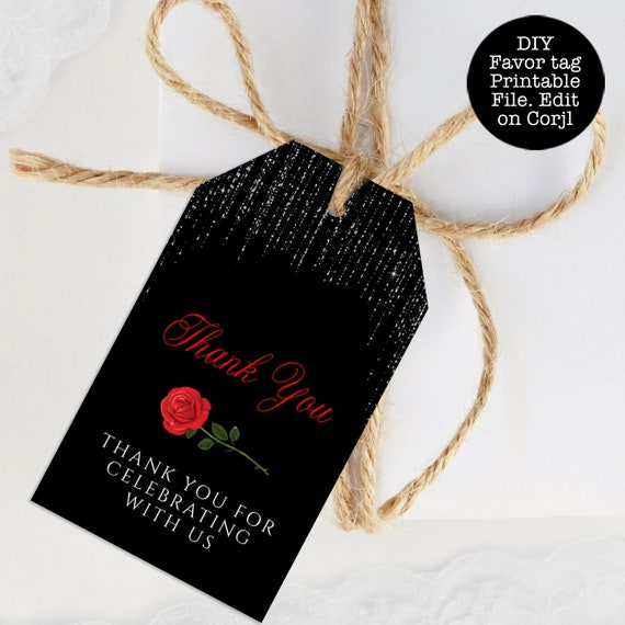 Editable Favor Tags Red Rose Favor Tags Silver Glitter Tags - Etsy
