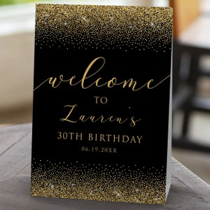 Black & Gold Glitter Welcome Sign: Editable Party Decor (digital ...