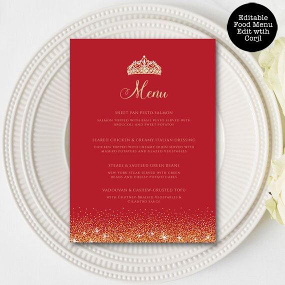Red and Gold Food Menu, Dinner Party Menu, Food Menu, Dinner Menu ...