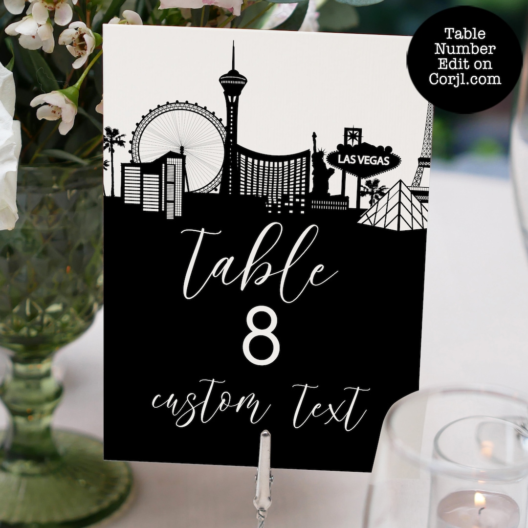Las Vegas Table Number: Black & White Vegas Skyline (corjl Template) - Etsy