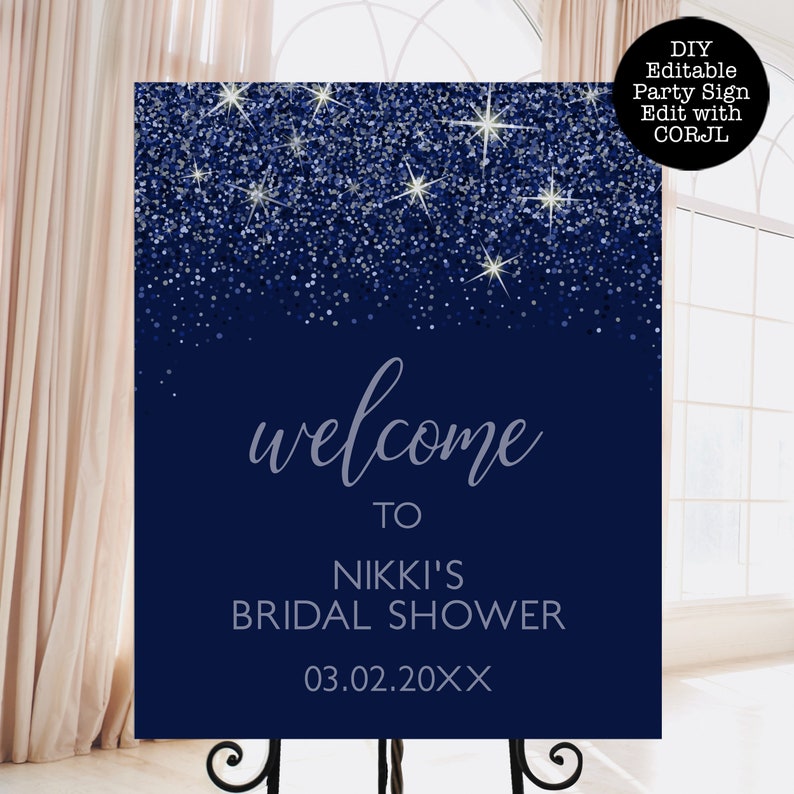 Glamorous Glitter Welcome Sign Printable Sign Navy Party | Etsy