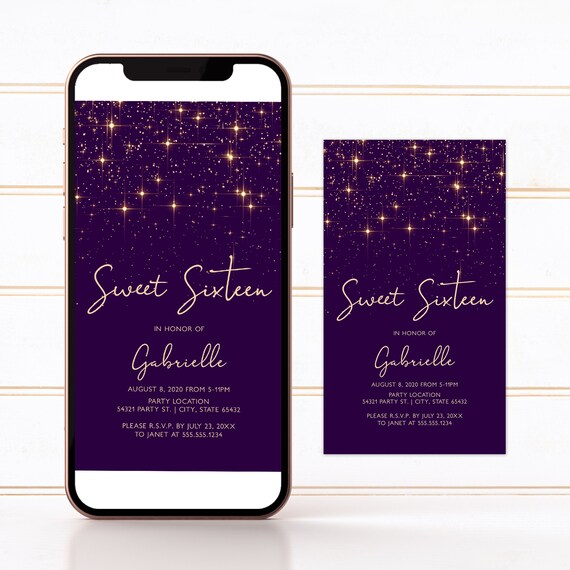 Editable Purple Sweet 16 Party Invitation Birthday Evite Text ...