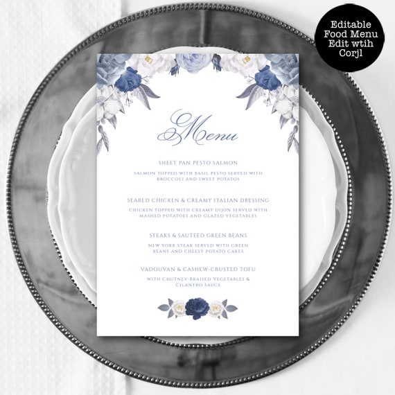 Blue and Silver Menu, Floral Dinner Menu, Food Menu, Dinner Menu ...