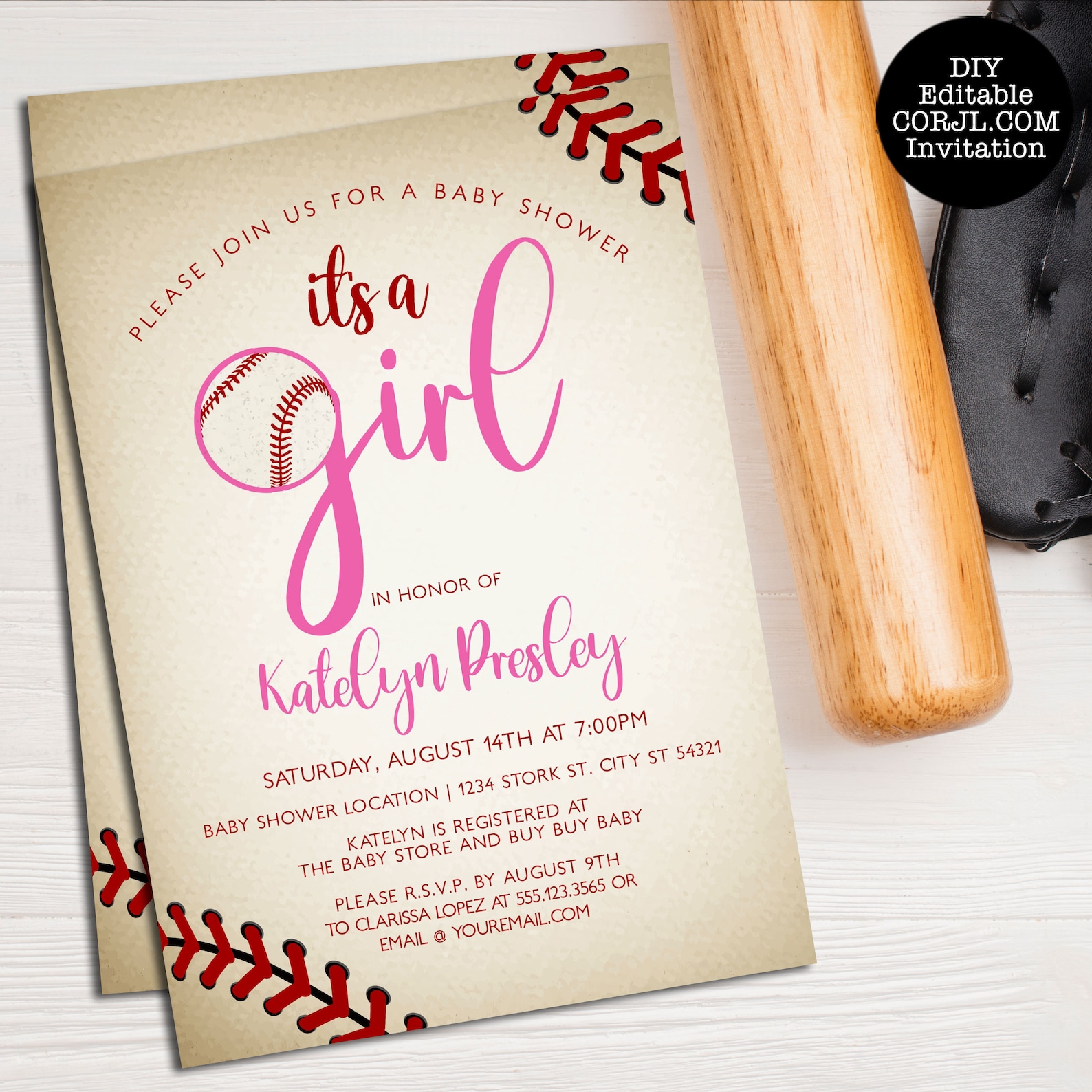 Pink Baseball Baby Shower Invitation: Vintage Sports Theme (digital ...