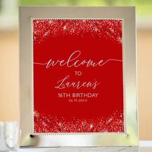Red Glitter Welcome Signs, Editable Party Signs, Instant Download ...