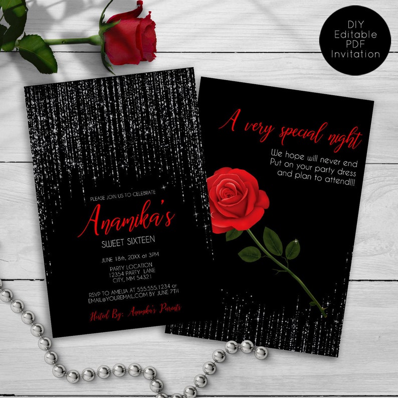 Sweet Sixteen Party Invitation Red Rose Invitation Sweet 16 | Etsy