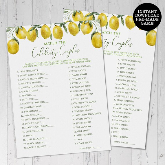 Country Lemon Bridal Shower Game, Couple Matching Game, Celebrity Name ...