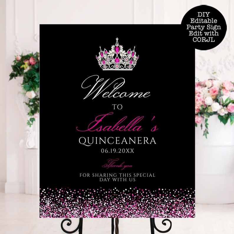 Hot Pink and Black Glitter Welcome Signs Quince Welcome Sign | Etsy