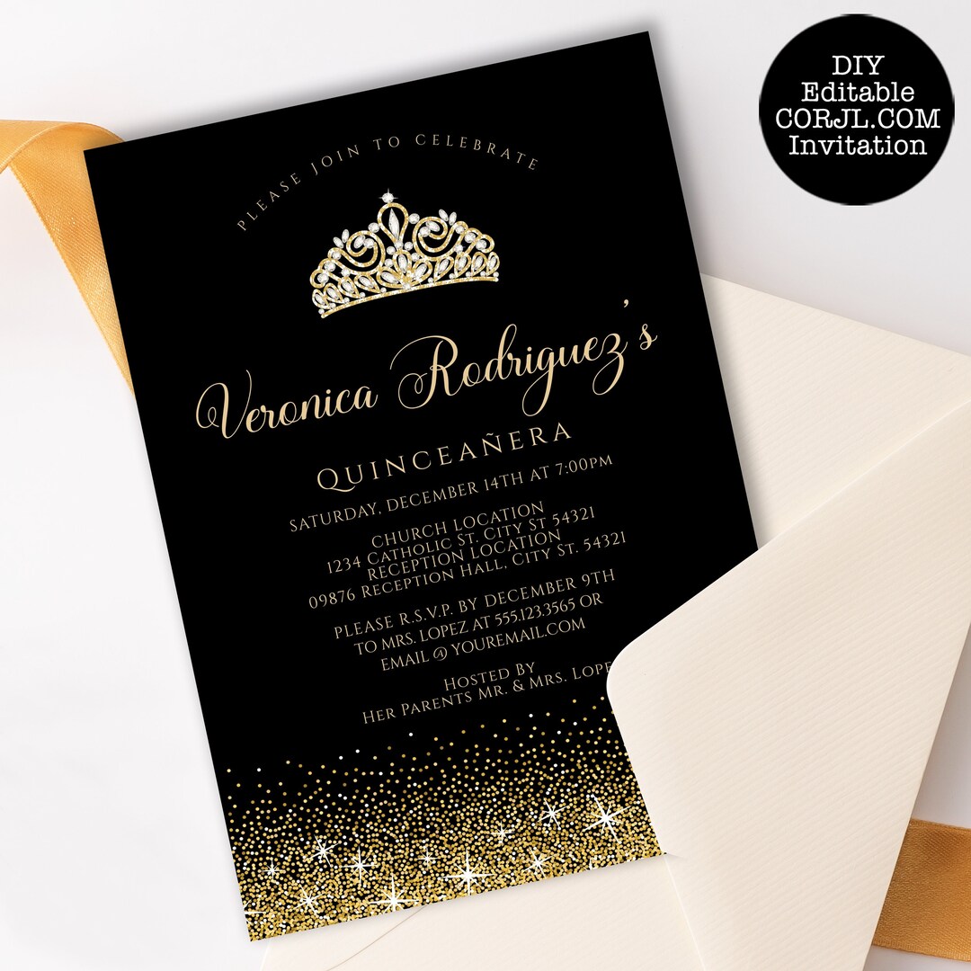 Gold Glitter Quinceañera Invitations: Black & Gold Crown (digital ...