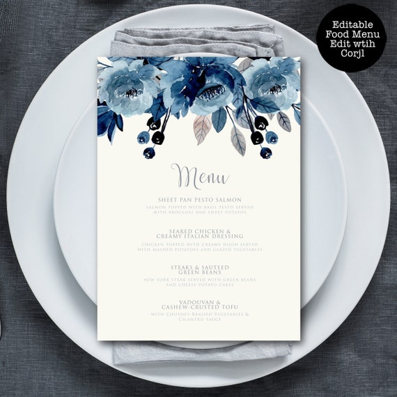 Navy Floral Food Menu, Blue Dinner Menu, Food Menu, Dinner Menu ...
