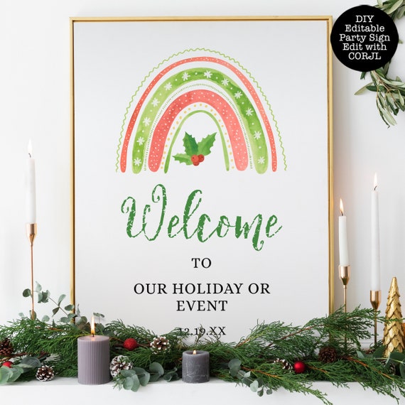 Christmas Holly Welcome Signs, Printable Welcome Sign, Corjl Template ...