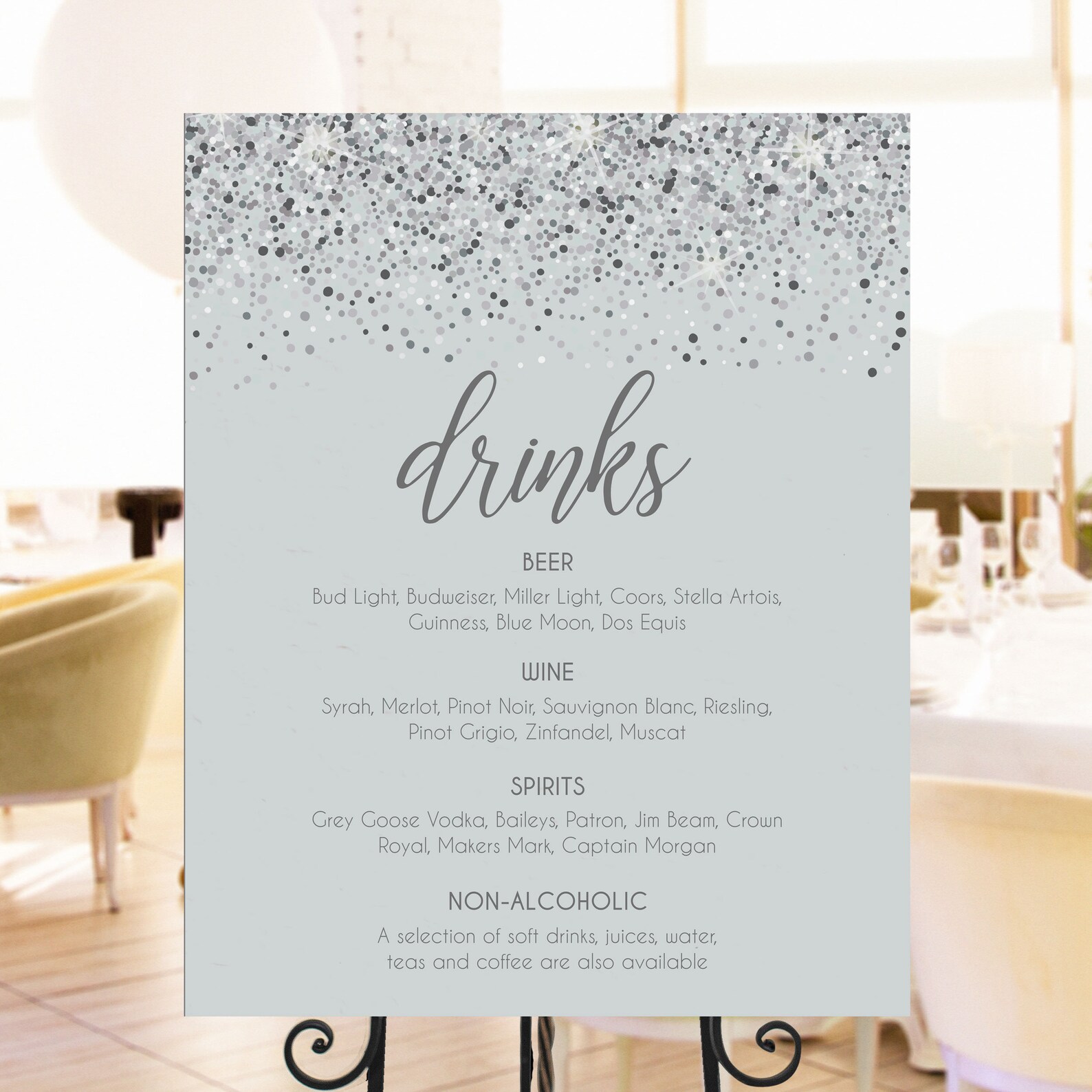 Silver Glitter Drink Menu Signs, Drink Menu Template, Drink Menu Sign ...