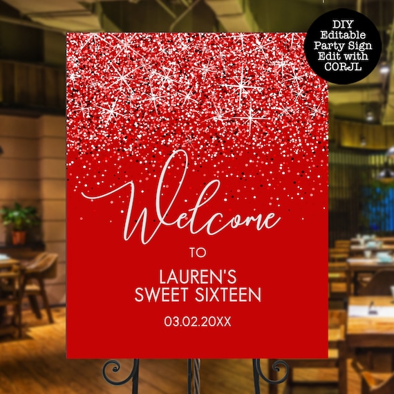 Red Welcome Signs, Editable Party Signs, Instant Download, Custom Red ...