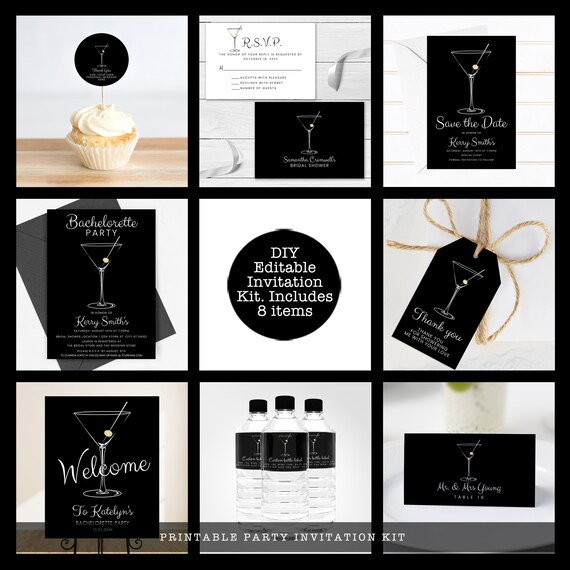 Printable Bachelorette Party Invitation Kit Martini Olive Minimalist ...