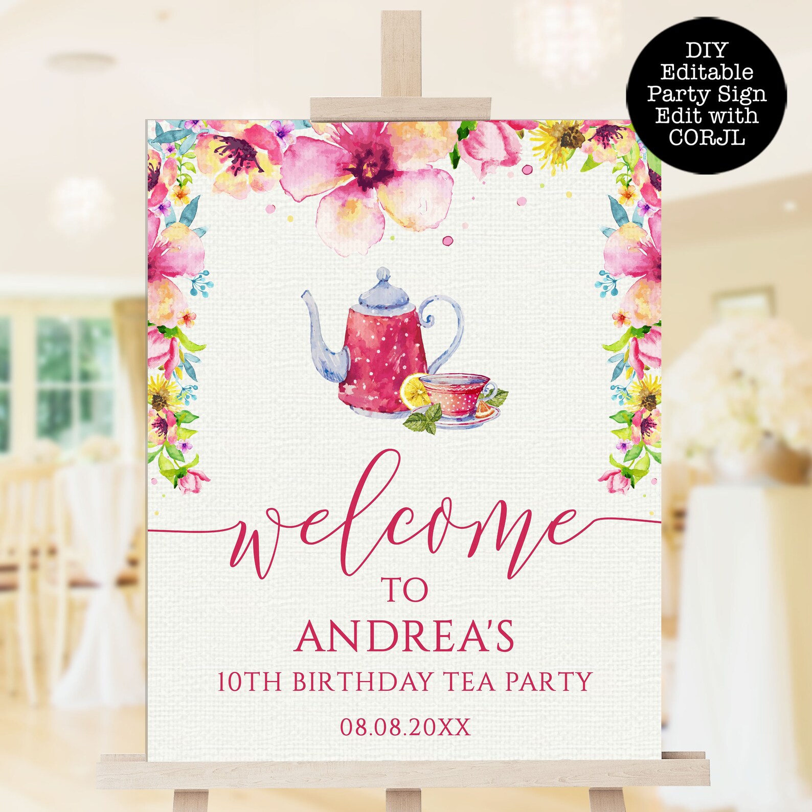 Pink Floral Tea Party Welcome Sign Girl Birthday High Tea | Etsy