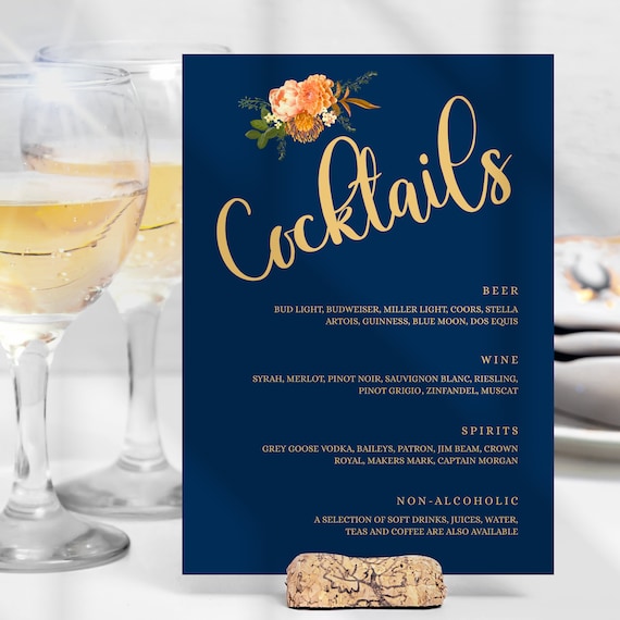 Editable Navy Blue Drink Menu Signs, Printable Bar Menu, Cocktail Menu ...
