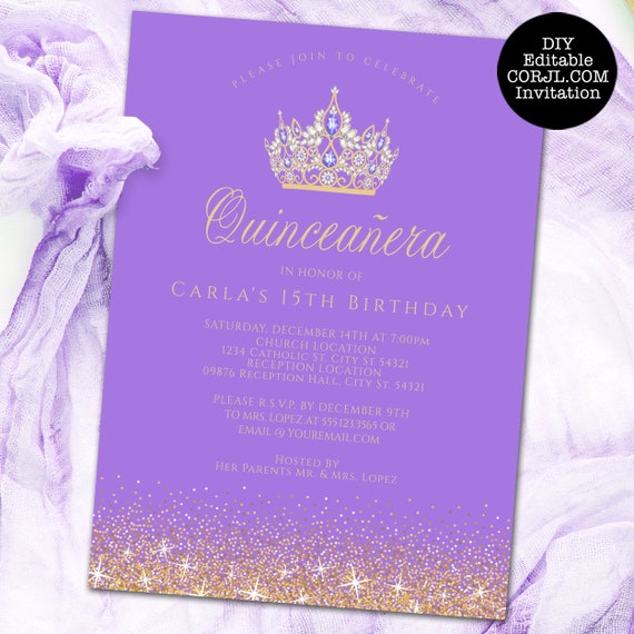 Lavender and Gold Glitter Quinceanera Invitations, Quinceañera ...