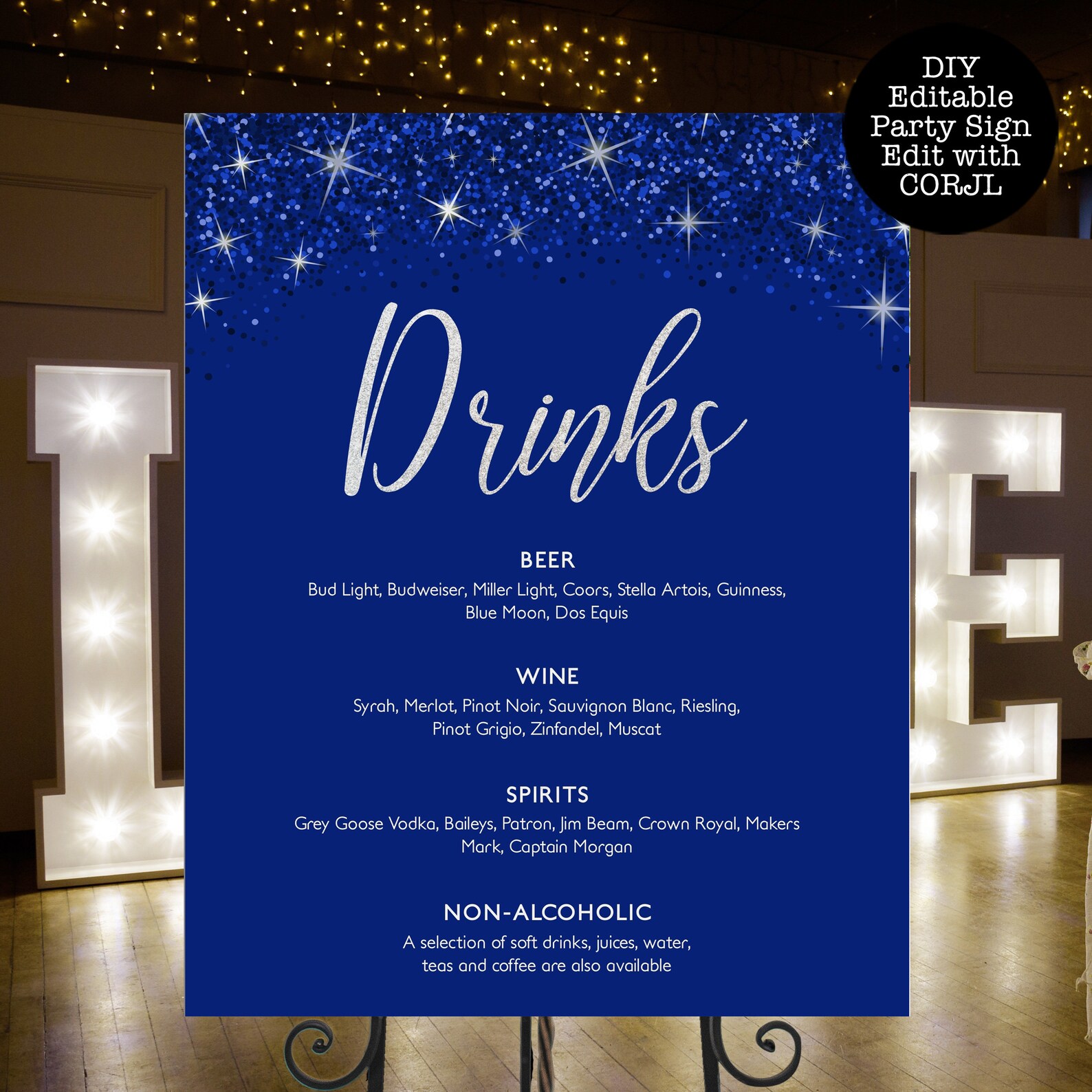 Blue Glitter Drink Menu, Customizable Menu Sign, Glitter Bar Sign ...