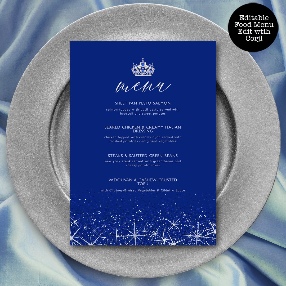 Royal Blue Glitter Food Menu Custom Menu Princess Food Menu - Etsy