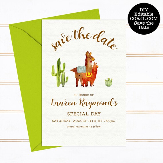 Editable Save the Date Cards Cute Llama Baby Shower Save the Date Cards ...