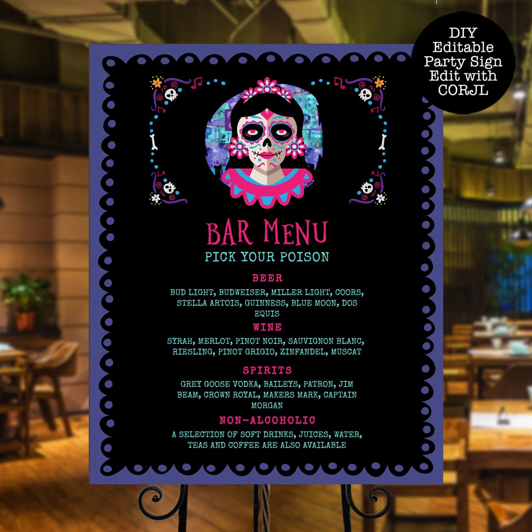 Editable Day of the Dead Bar Menu, Halloween Party Signs, Party Signs ...