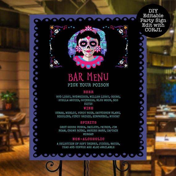 Editable Day of the dead Bar Menu, Halloween Party Signs, Party Signs ...
