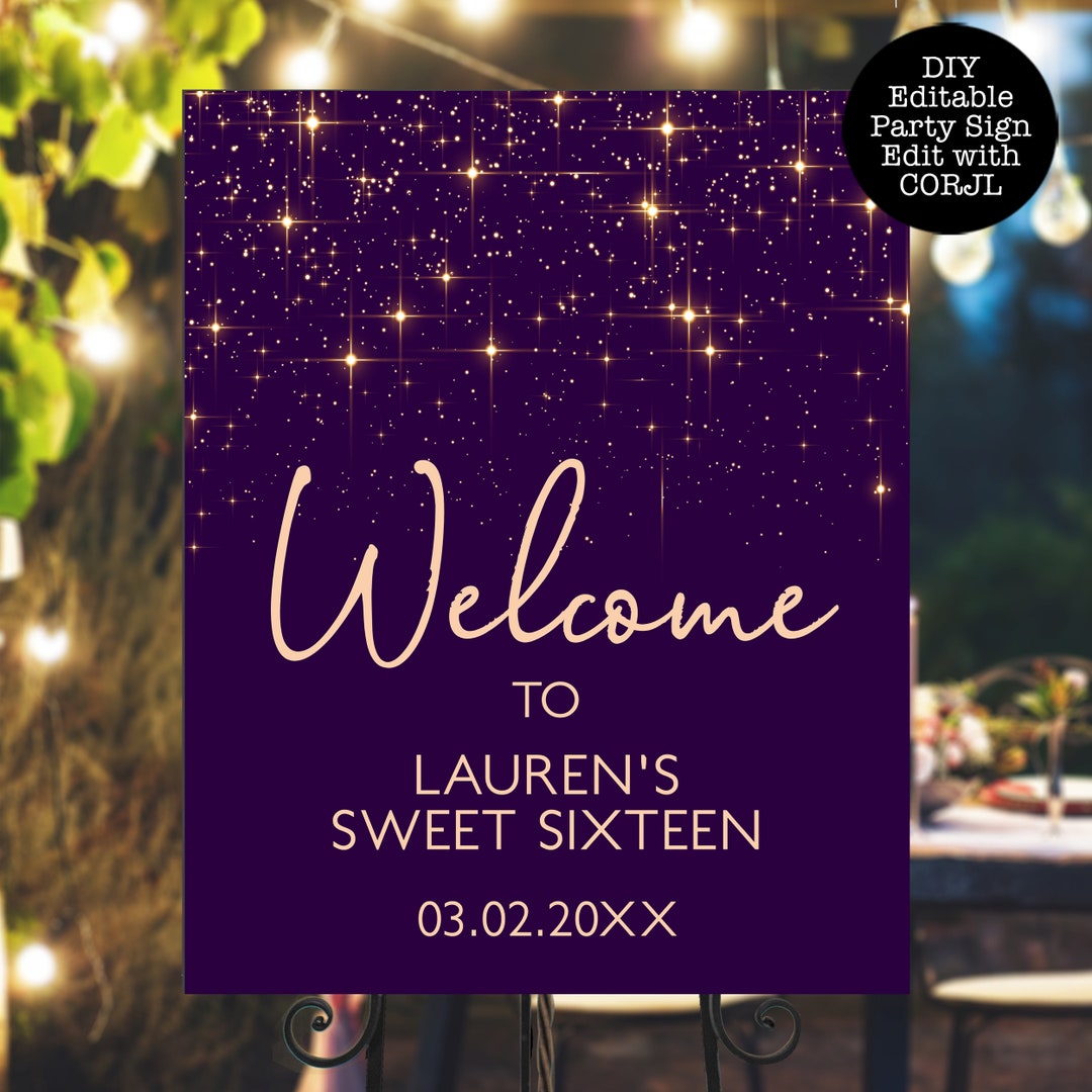 Purple and Gold Welcome Signs, Sweet Sixteen, Printable Party Sign ...
