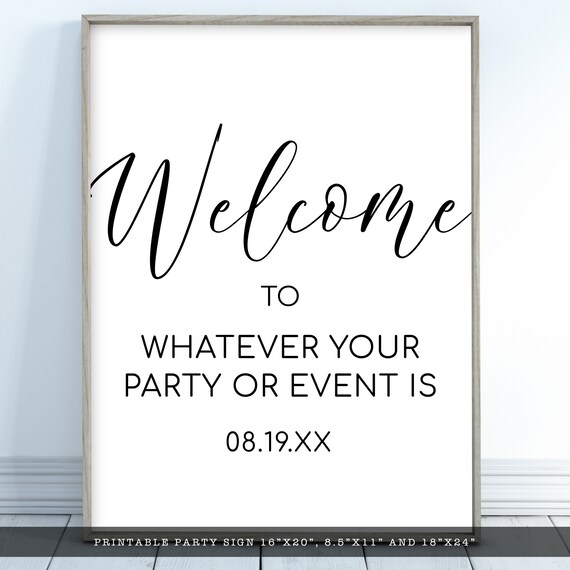 Elegant Black and White Welcome Signs, Printable Party Sign, Stylish ...