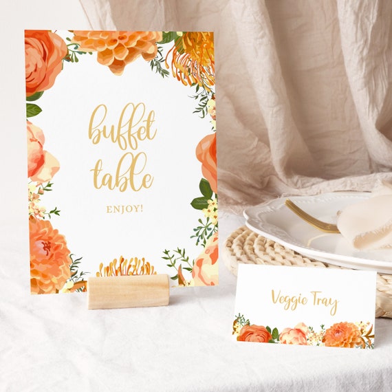Printable Food Signs and Labels, Orange Floral Food Buffet Sign Kit ...