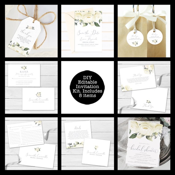 White Cottage Core Invitation Set, Printable Invitation Kit, Editable ...