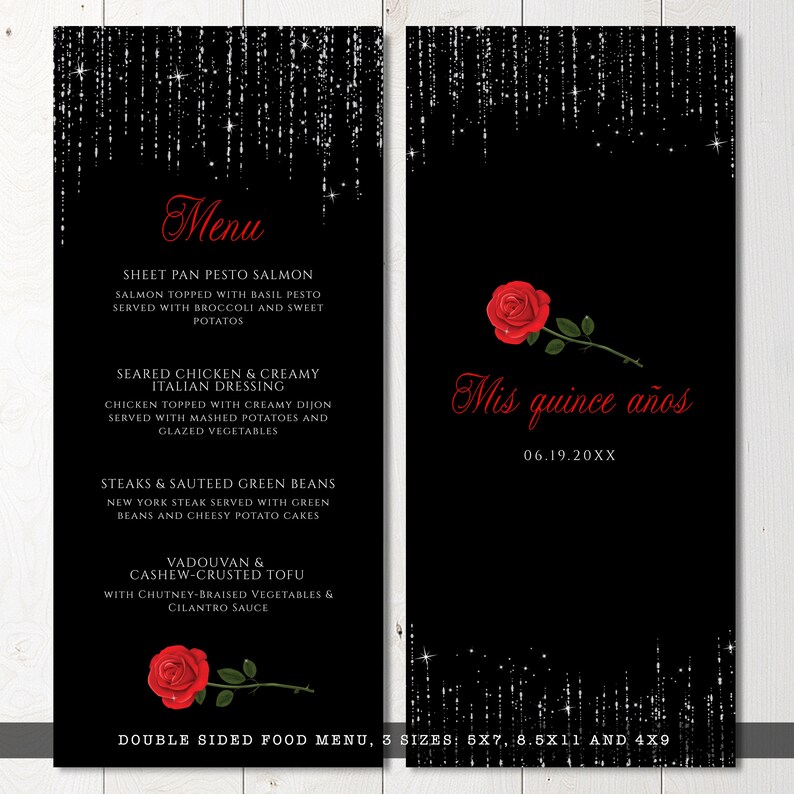 Red Rose Menu Silver Glitter Dinner Menu Food Menu Dinner - Etsy