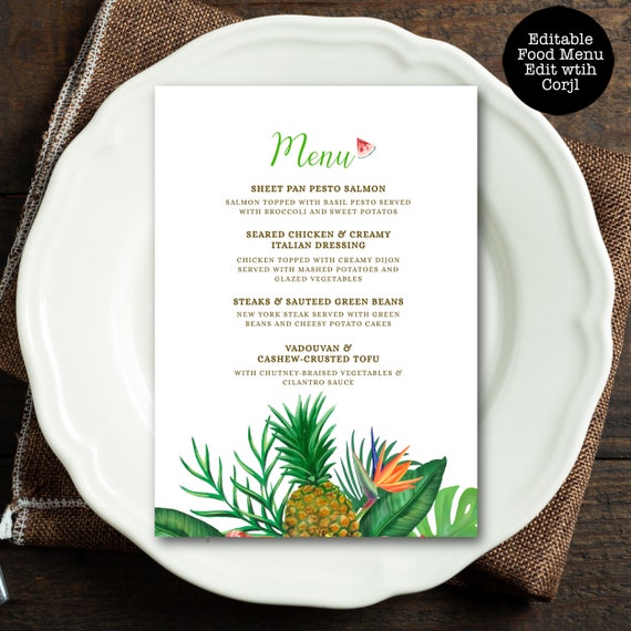Tropical Pineapple Dinner Menu, Custom Menu, Food Menu, Hawaiian Themed ...